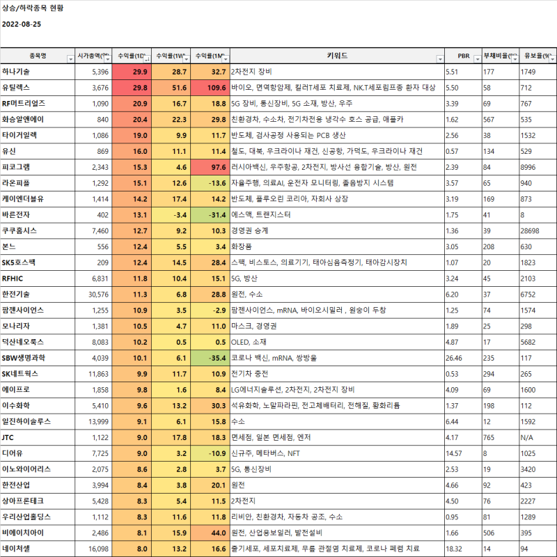 2022년 8월 25일 특징종목특징주 시간외 단일가 정리