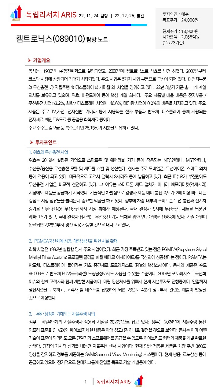 기업탐방 리포트 켐트로닉스 무선충전과 자율주행 사업의 성장을 기대한다