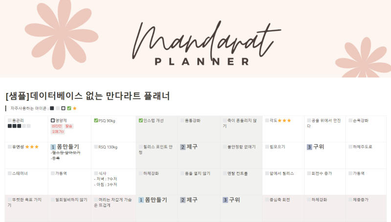 노션템플릿 데이터베이스 없는 만다라트 템플릿표에서 텍스트 꾸미기