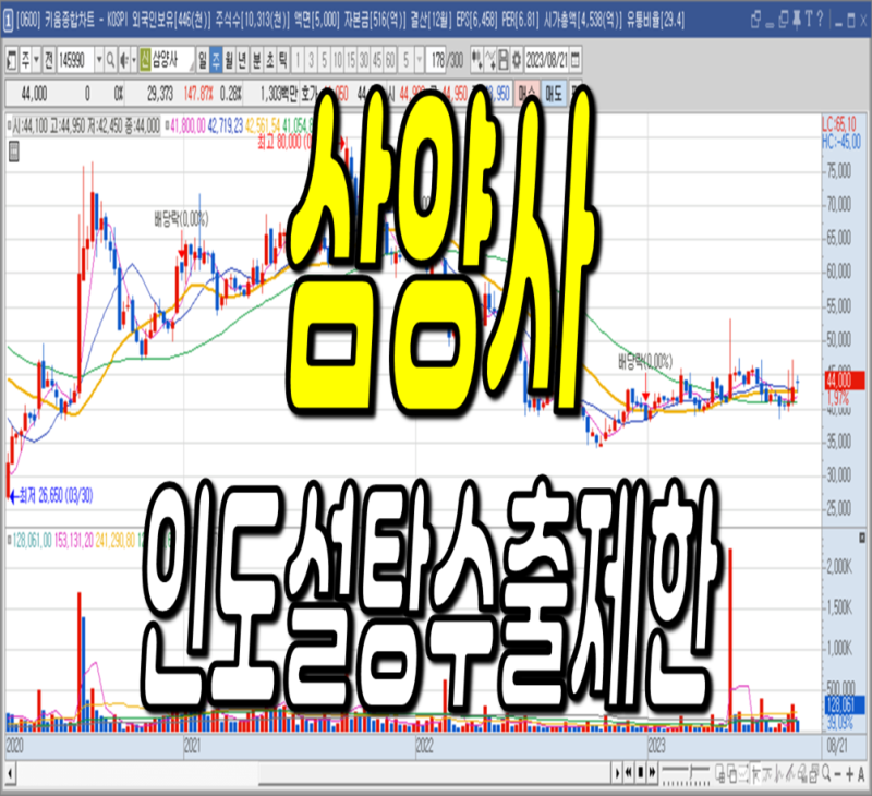삼양사 주가 전망 설탕 관련주 식품관련주 인도 수출 금지 시총 4500억원 유통물량 20대 주가 바닥 밀집이평 돌파후 대시세