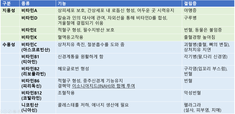 간호조무사 기초영양 비타민의 작용과 결핍증 총정리