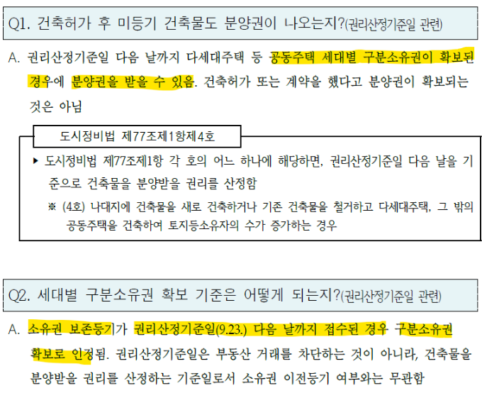 신축빌라 신축다세대주택의 분양자격 권리산정기준일 판단 시점은 보존등기 기준 사용승인 기준