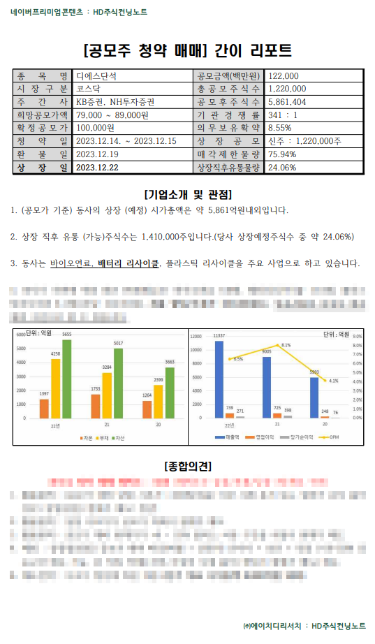 20231214 디에스단석 공모 청약 정보 2023년을 마무리하는 공모 청약 주자의 전망은