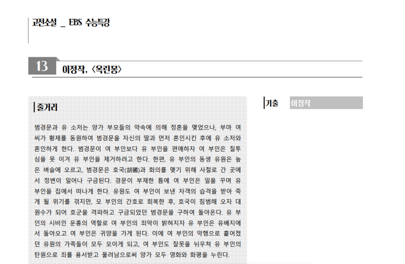 Ebs 2025학년도 수능특강고전소설이정작 분석