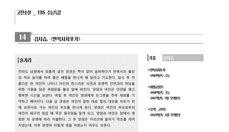 Ebs 2025학년도 수능특강고전소설김시습 분석
