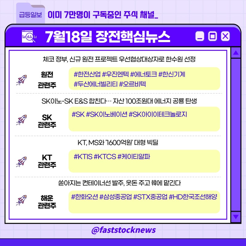 7월 18일 (목) [급등일보] 돈이 될 장전뉴스 & 관심종목! (한전산업,우진엔텍,에너토크,한신기계,두산에너빌리티,오르비텍,SK,SK이노베이션,한화오션,삼성중공업,KTis 등)