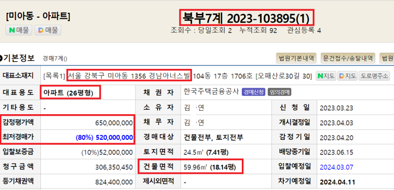 서울 강북구 미아동 경남아너스빌 아파트 26평형 감정가 6억5천최저경매가 5억2천만원 낙찰 결과도 첨부
