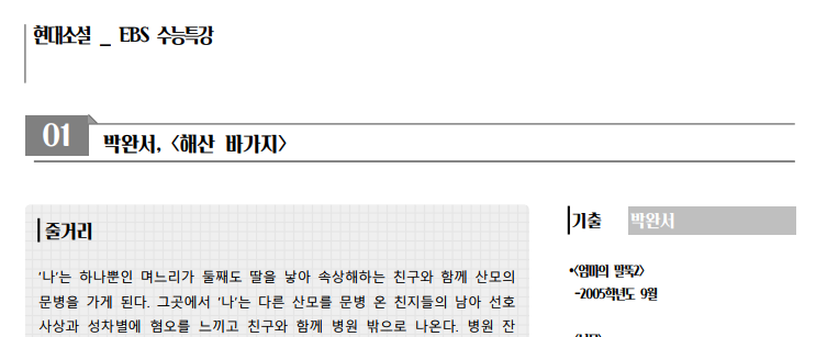 Ebs 2025학년도 수능특강소설박완서 분석