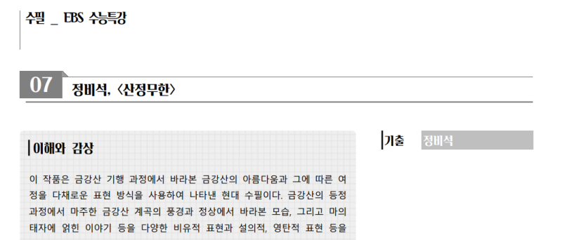 Ebs 2025학년도 수능특강소설정비석 분석