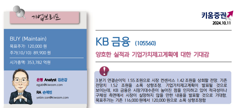 KB 금융 (105560) 양호한 실적과 기업가치제고계획에 대한 기대감