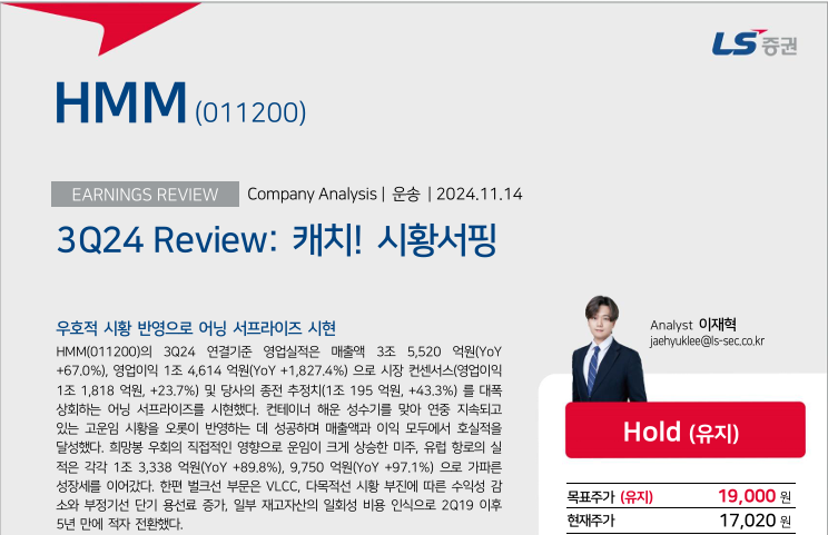 HMM (011200) 3Q24 Review: 캐치! 시황서핑