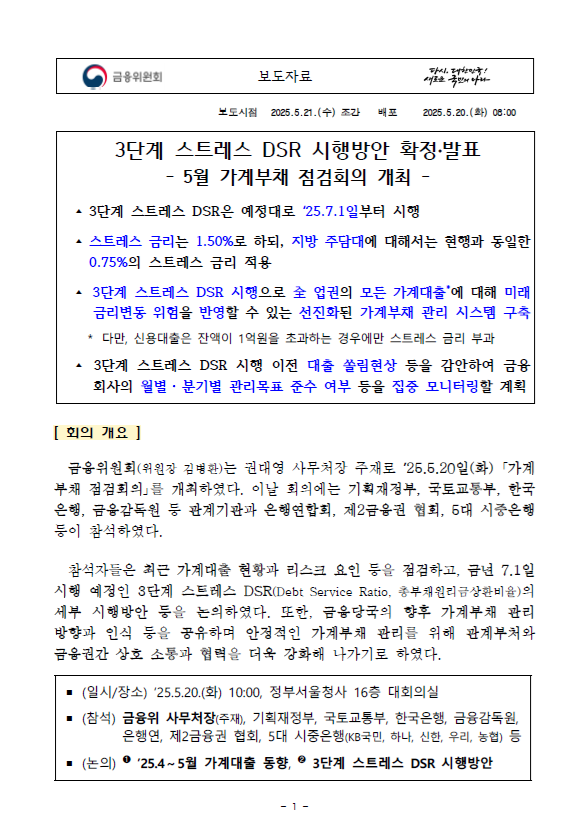 스트레스DSR 3단계 7월 시행 (지방은 2단계 유지)