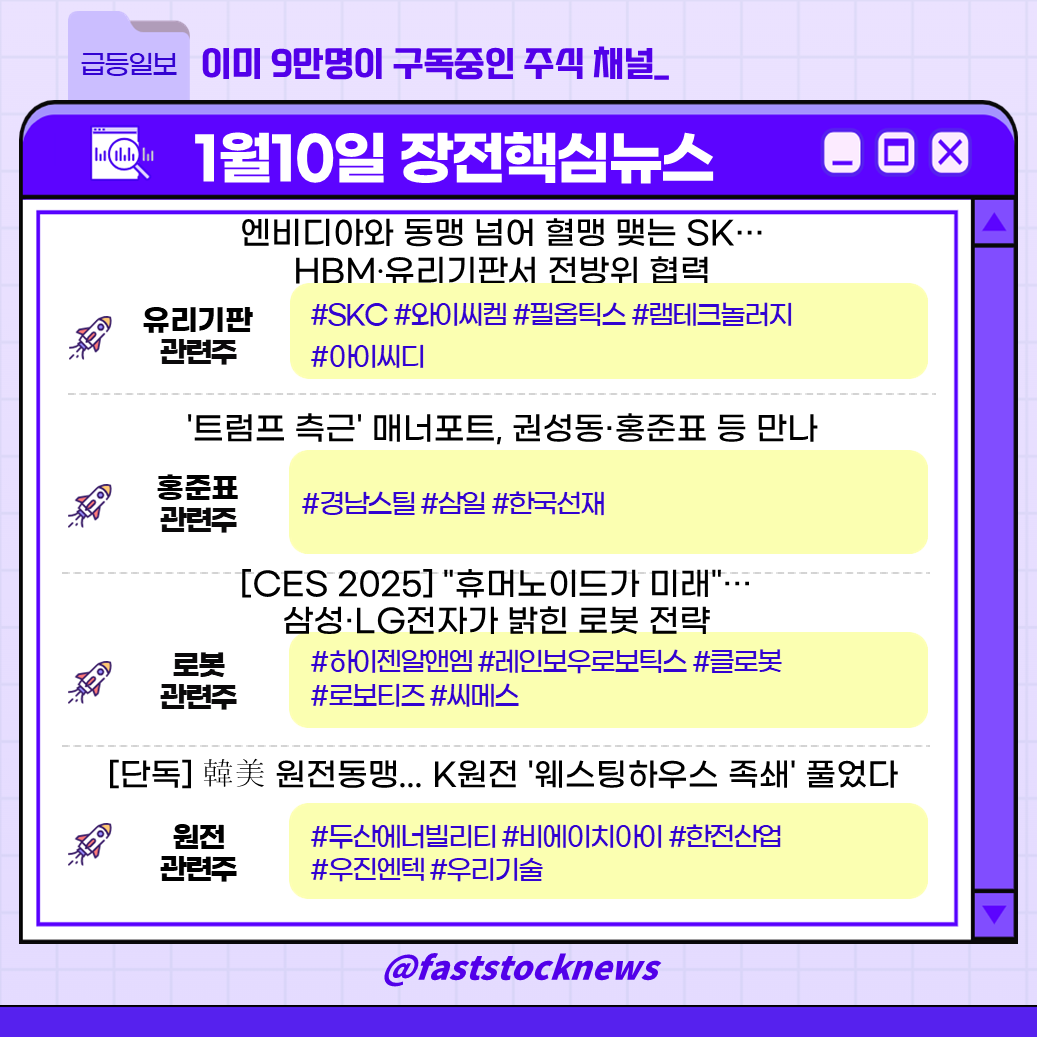 1월 10일 금 급등일보 돈이 될 장전뉴스 And 관심종목 Skc 와이씨켐 필옵틱스 경남스틸 한국선재 하이젠