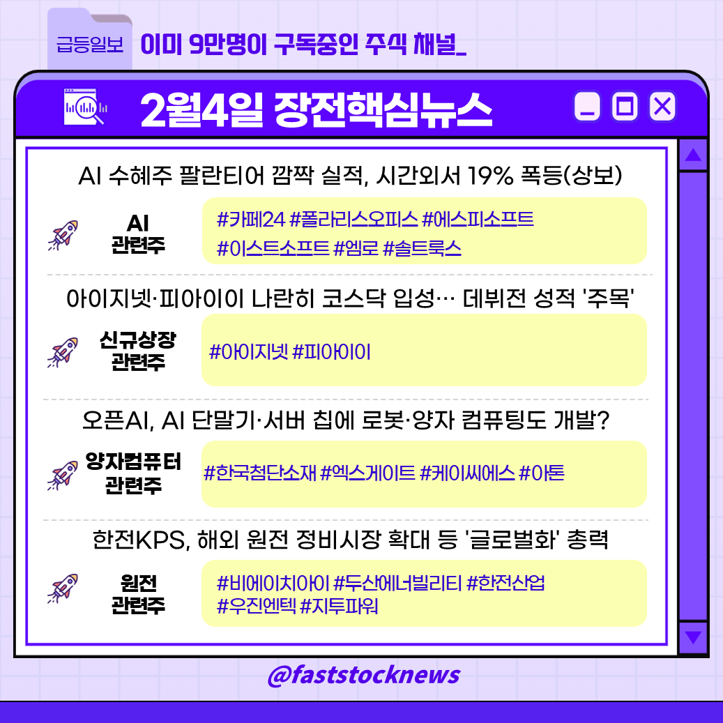 2월 4일 화 급등일보 돈이 될 장전뉴스 And 관심종목 카페24 폴라리스오피스 에스피소프트 아이지넷 피아이이