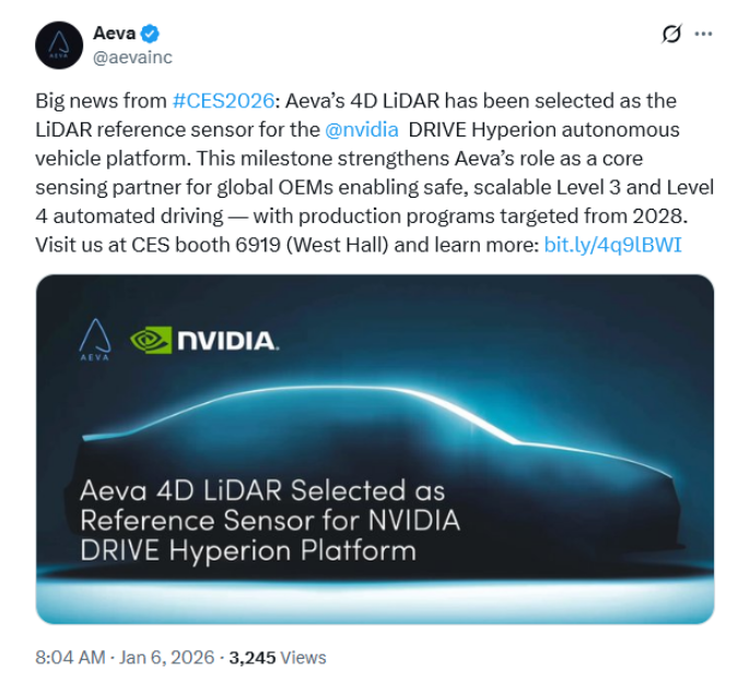 $AEVA CES HOT : 엔비디아의 자율 주행 파트너 4D Lidar